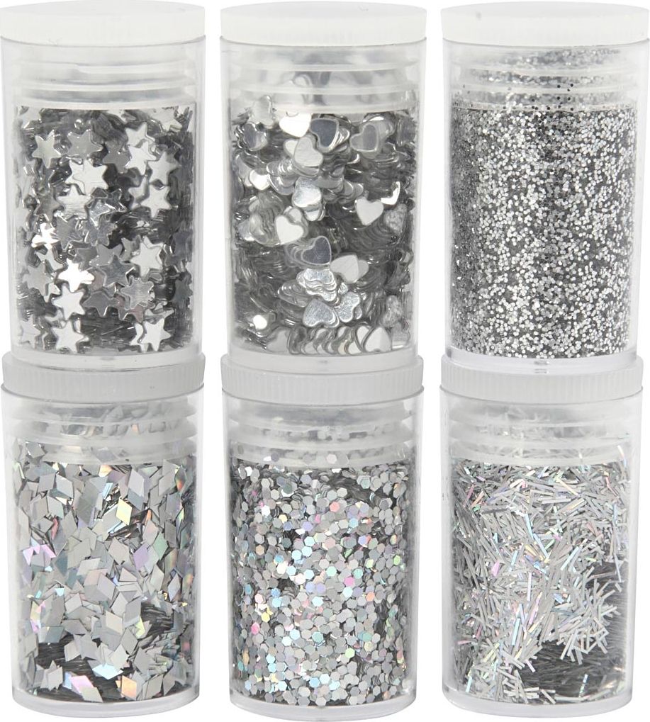 Glitter och paljetter - silver - 6 x 5 g - 89 kr - Glitter - Skapamer.se